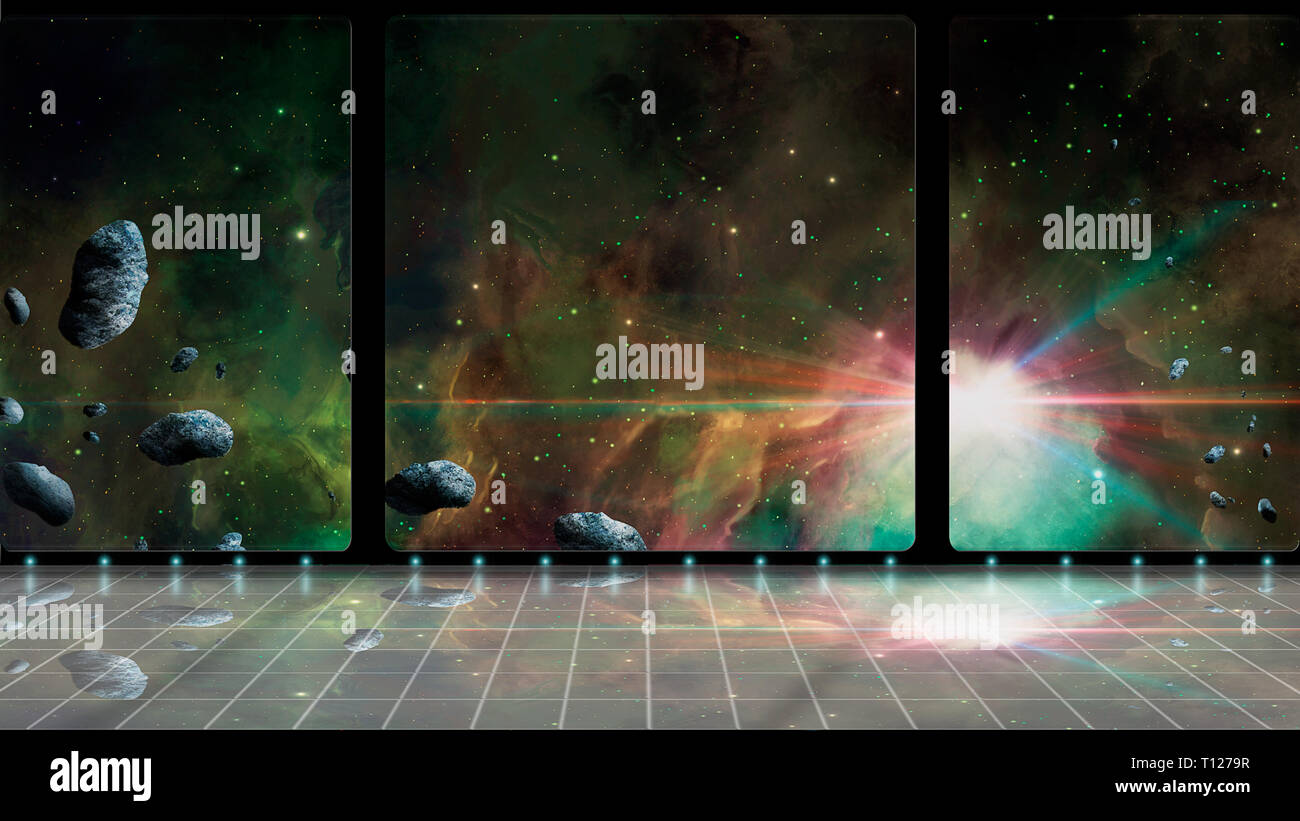 Space scene. 3D room with colorful nebula and asteroid. Elements ...