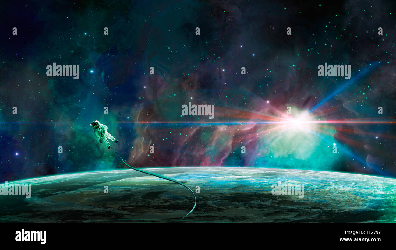 Space scene. Astronaut on rope with colorful nebula and planet ...