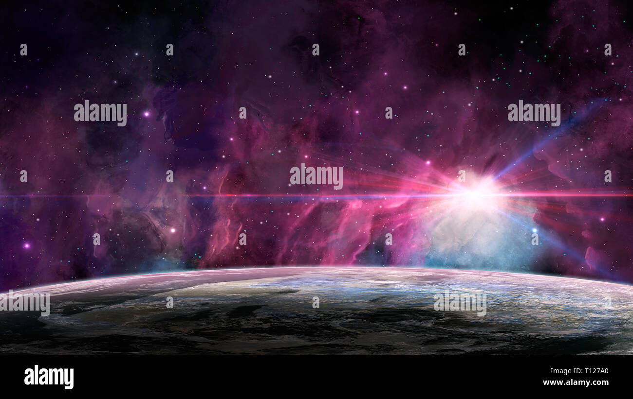 Space scene. Violet nebula with planet. Elements furnished by NASA. 3D ...