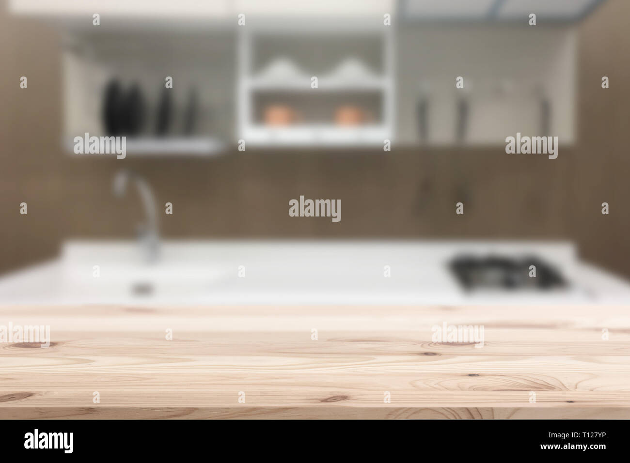 wooden table top with blur kitchen sink stove background for home ...