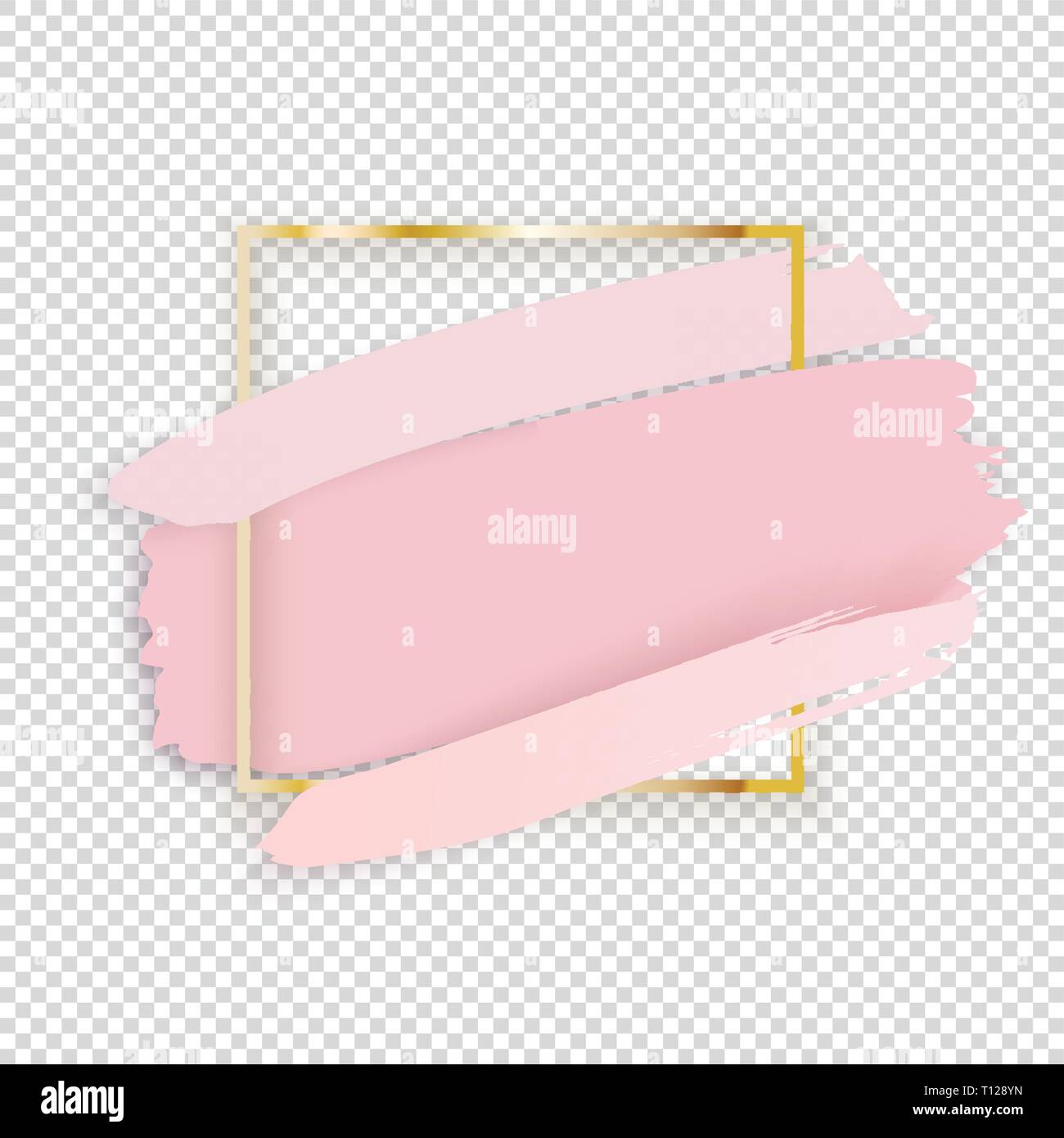 Gold square frame on transparent background. Pink blots with shadow ...