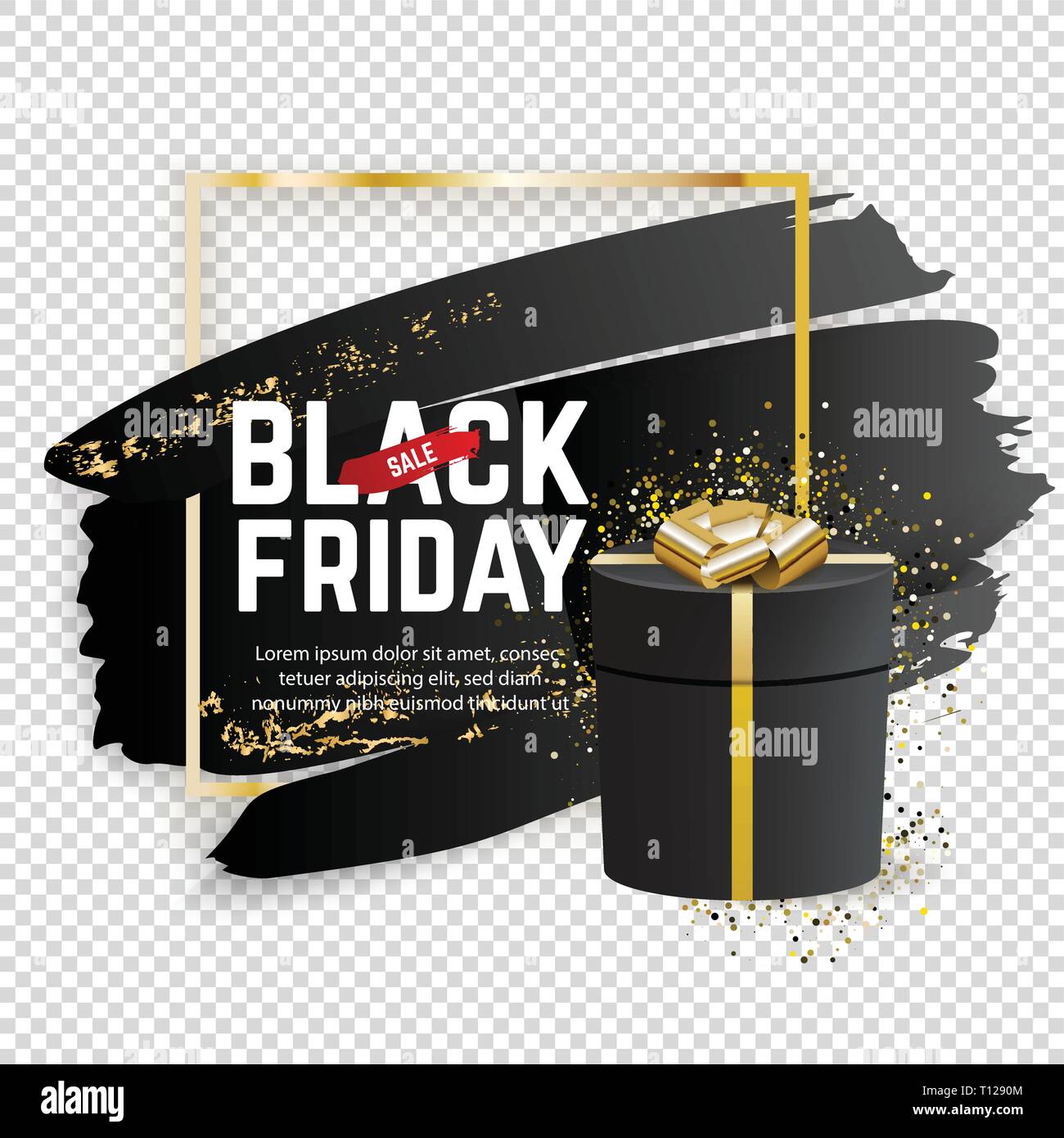 Gold square frame on transparent background. Black blots and black gift ...