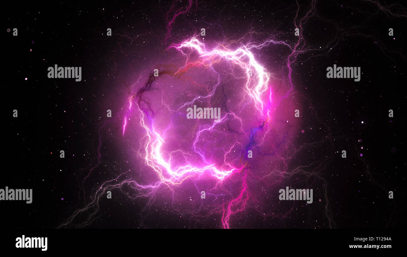Purple plasma lightning in space, computer generated abstract ...