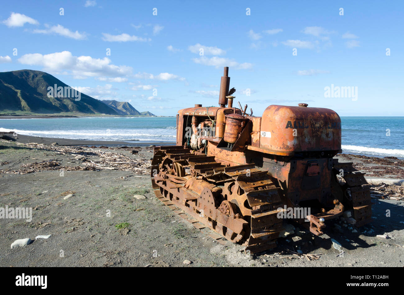 Bulldozer on beach, Tora, Wairarapa, East Coast, North Island, New ...