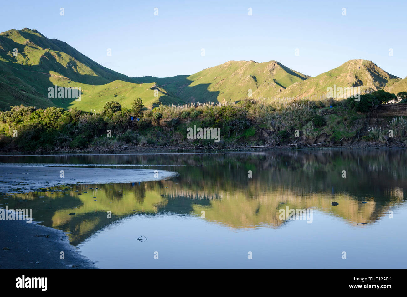 Farmland , hills and river estuary, Tora, Wairarapa, East Coast, North ...