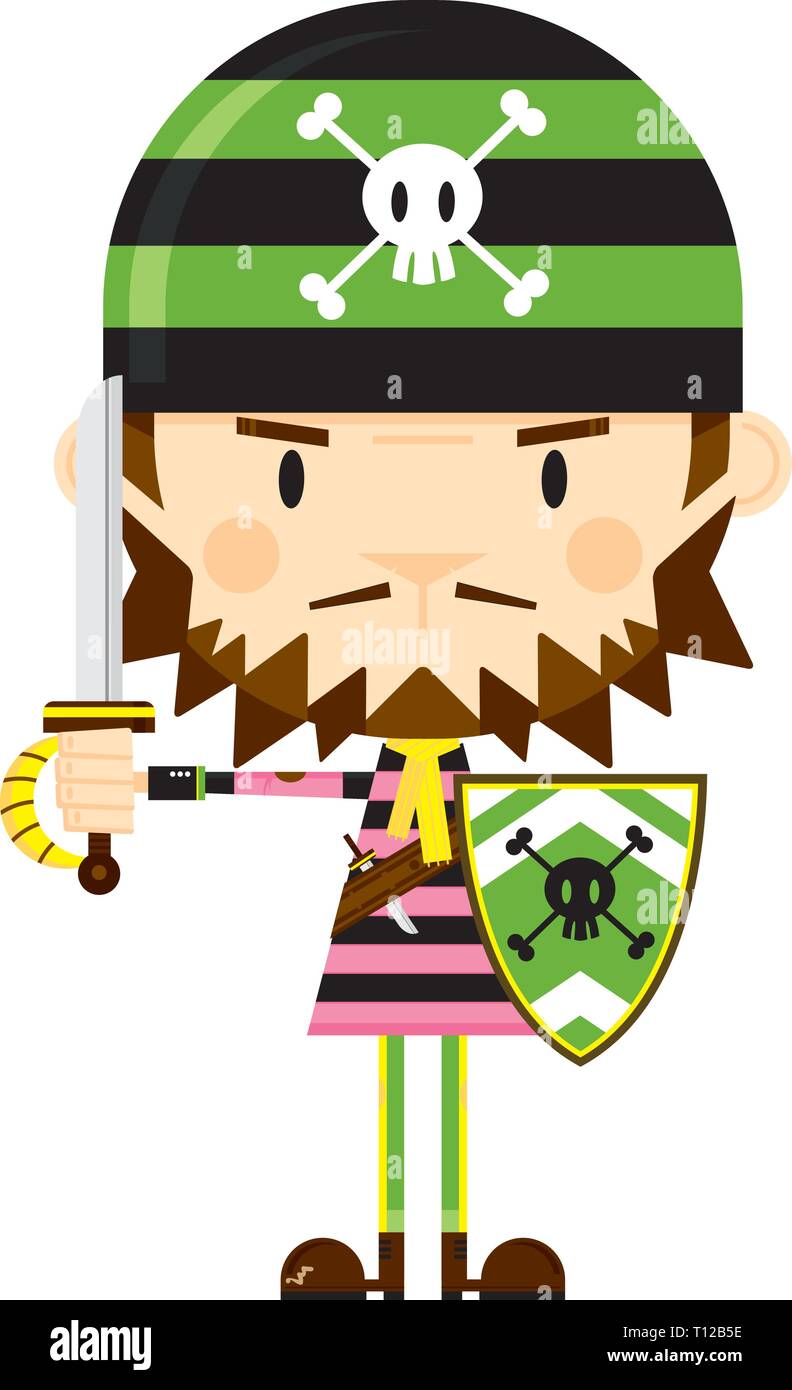 Cute Cartoon Pirate with Sword and Shield Stock Vector Image & Art - Alamy