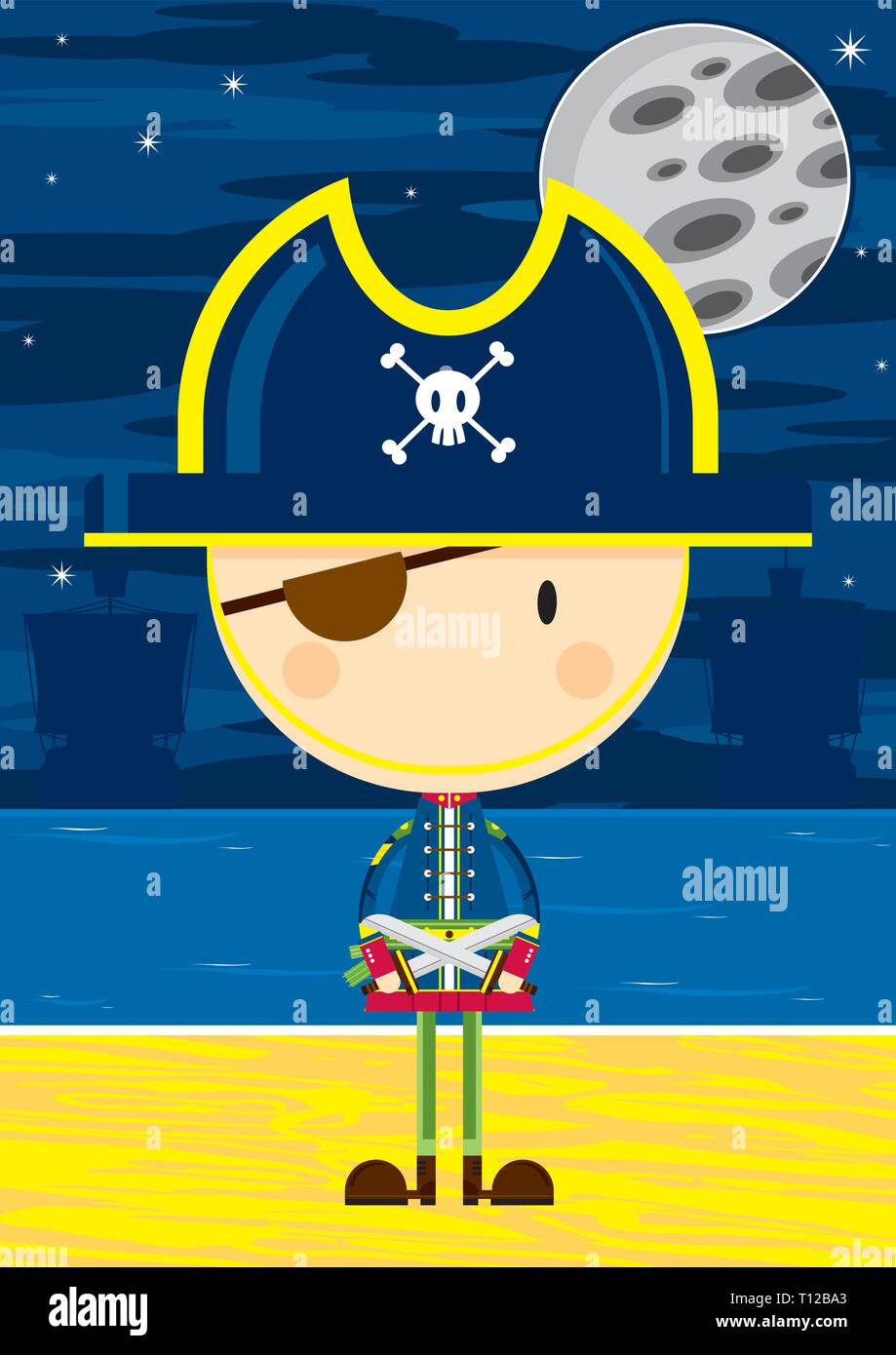 Cartoon Pirate Captain on the Beach with Ships in Silhouette Cartoon ...