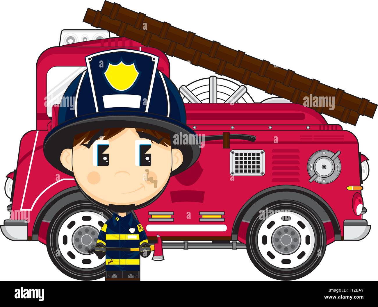 Cartoon Big Head Fireman with Axe an Fire Engine Stock Vector Image ...