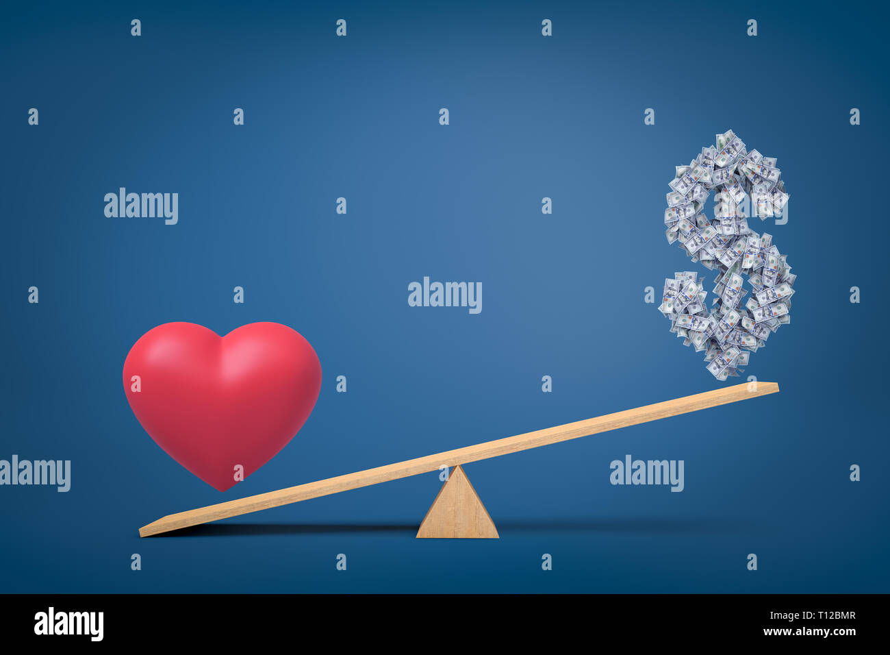 3d rendering of heart love symbol against money dollar symbol on seesaw ...