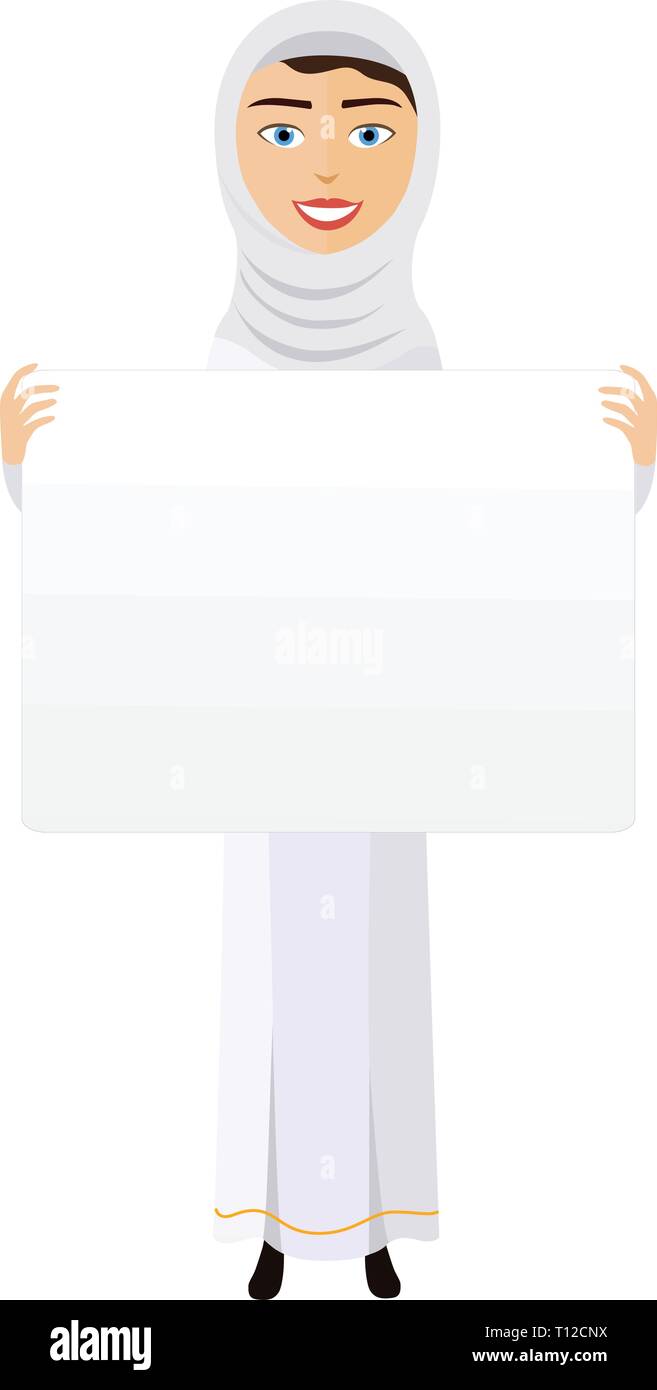 Arab woman holding sign or banner isolated on white background vector ...