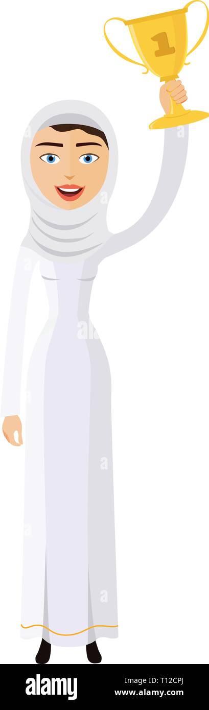 Arab woman winner success excited raising trophy prize cartoon isolated ...
