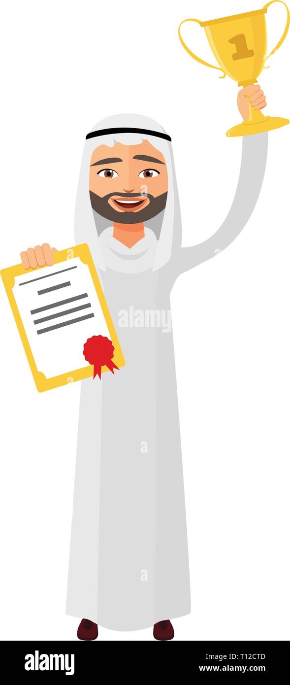 Arab man raising up trophy certificate winner success concept vector ...