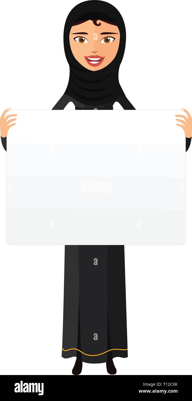 Arab woman holding sign or banner isolated on white background vector ...