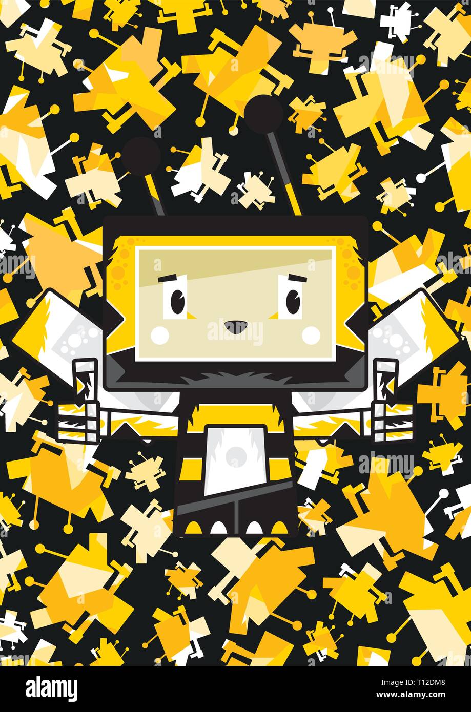 Cute Cartoon Block Honey Bee on a Silhouette Patterned Background Stock ...