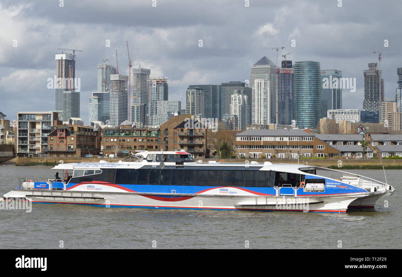 Thames Clipper river bus heading down the Thames to Greenwich with ...
