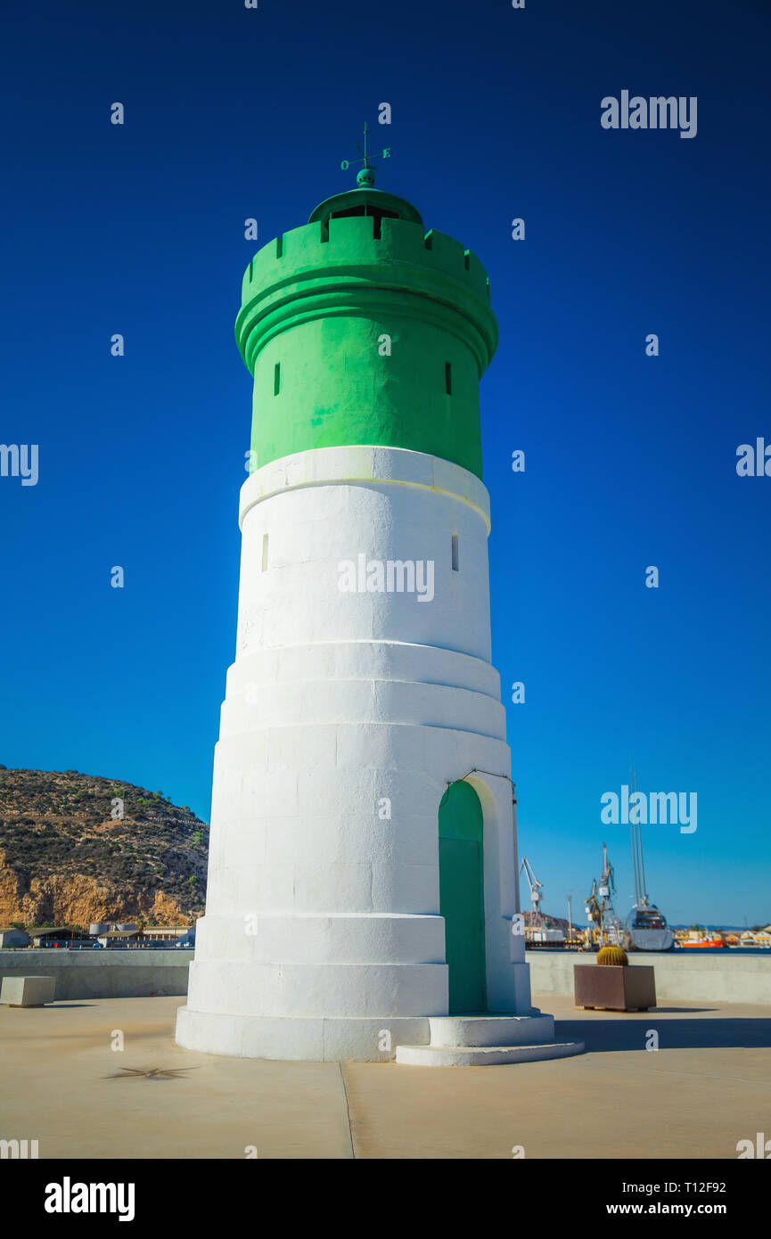 white green lighthouse Faro de la Curra, Cartagena, Spain Stock Photo ...