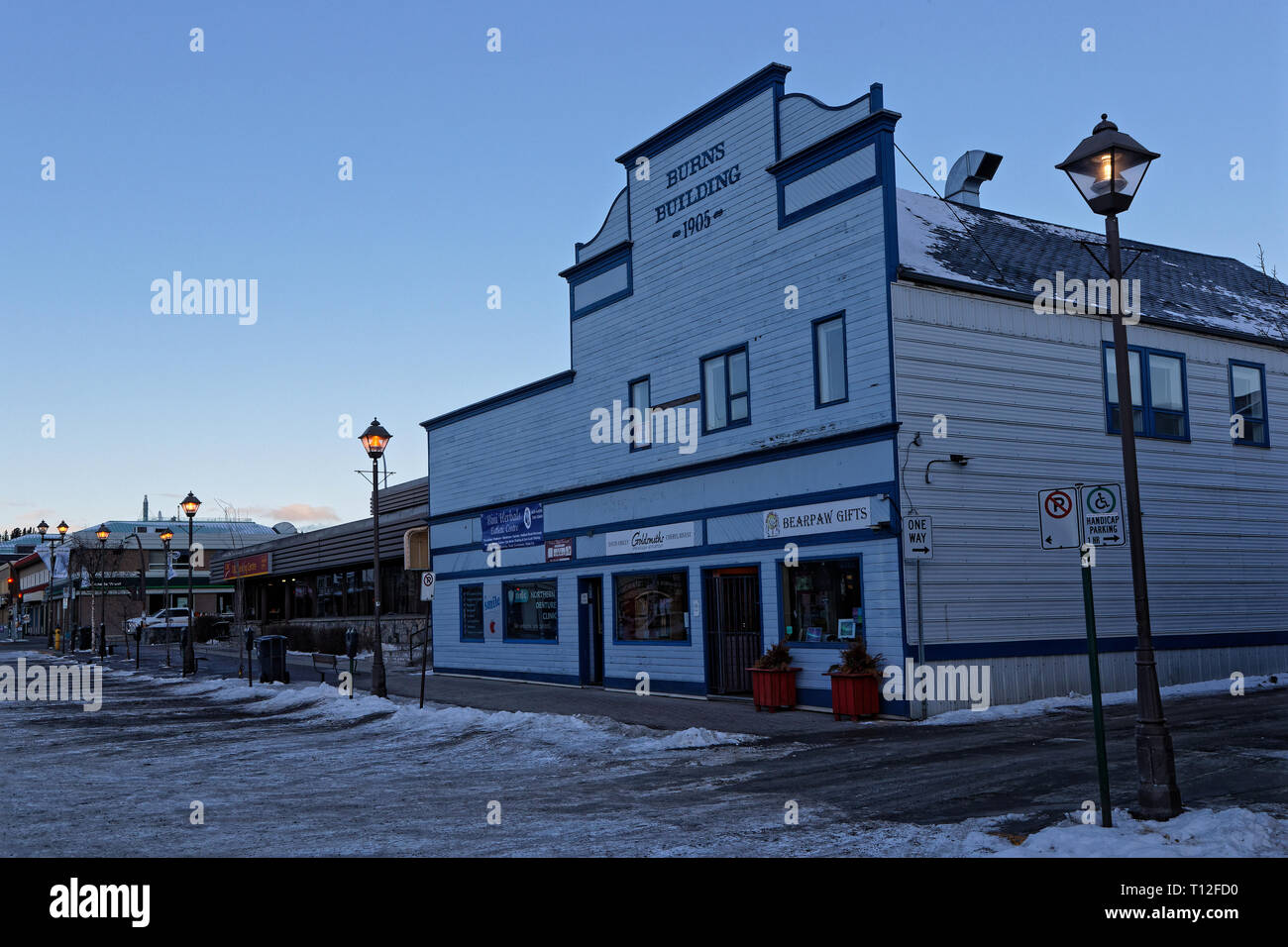 WHITEHORSE, YUKON, CANADA, March 9, 2019 : Old building at dawn lights ...