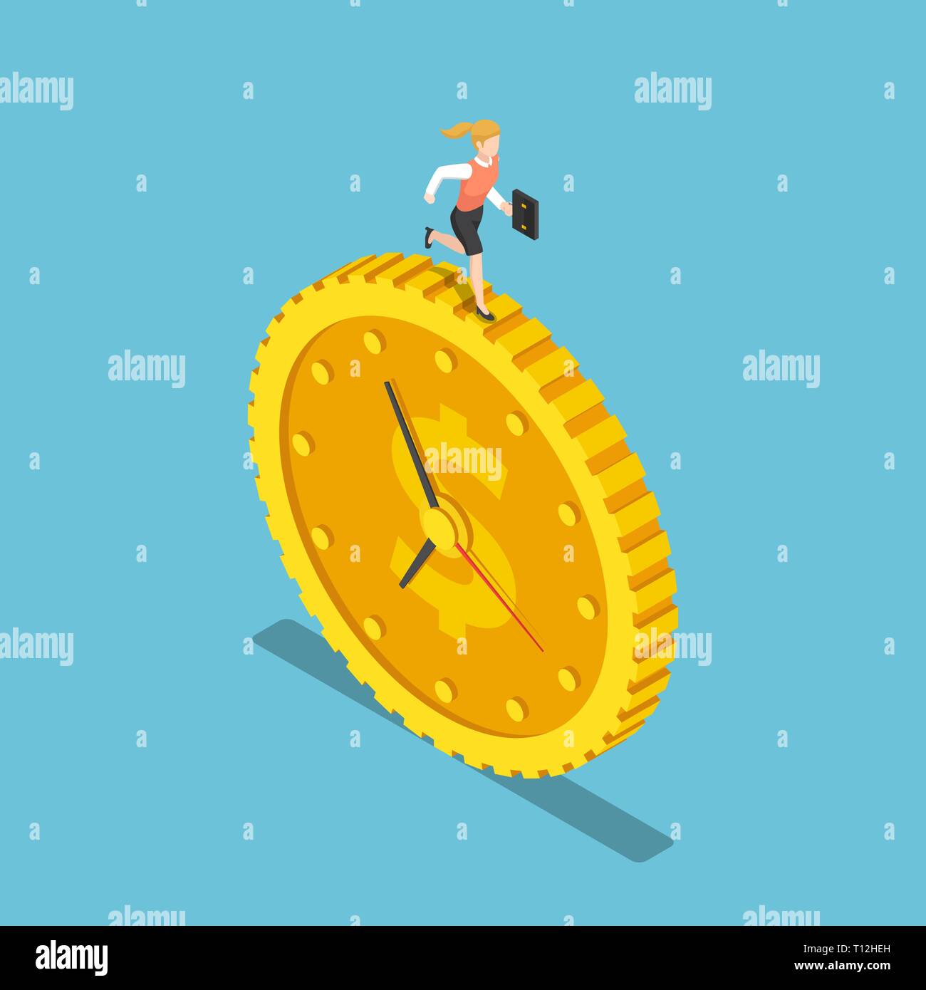 Flat 3d isometric business woman is running on the dollar coin clock ...