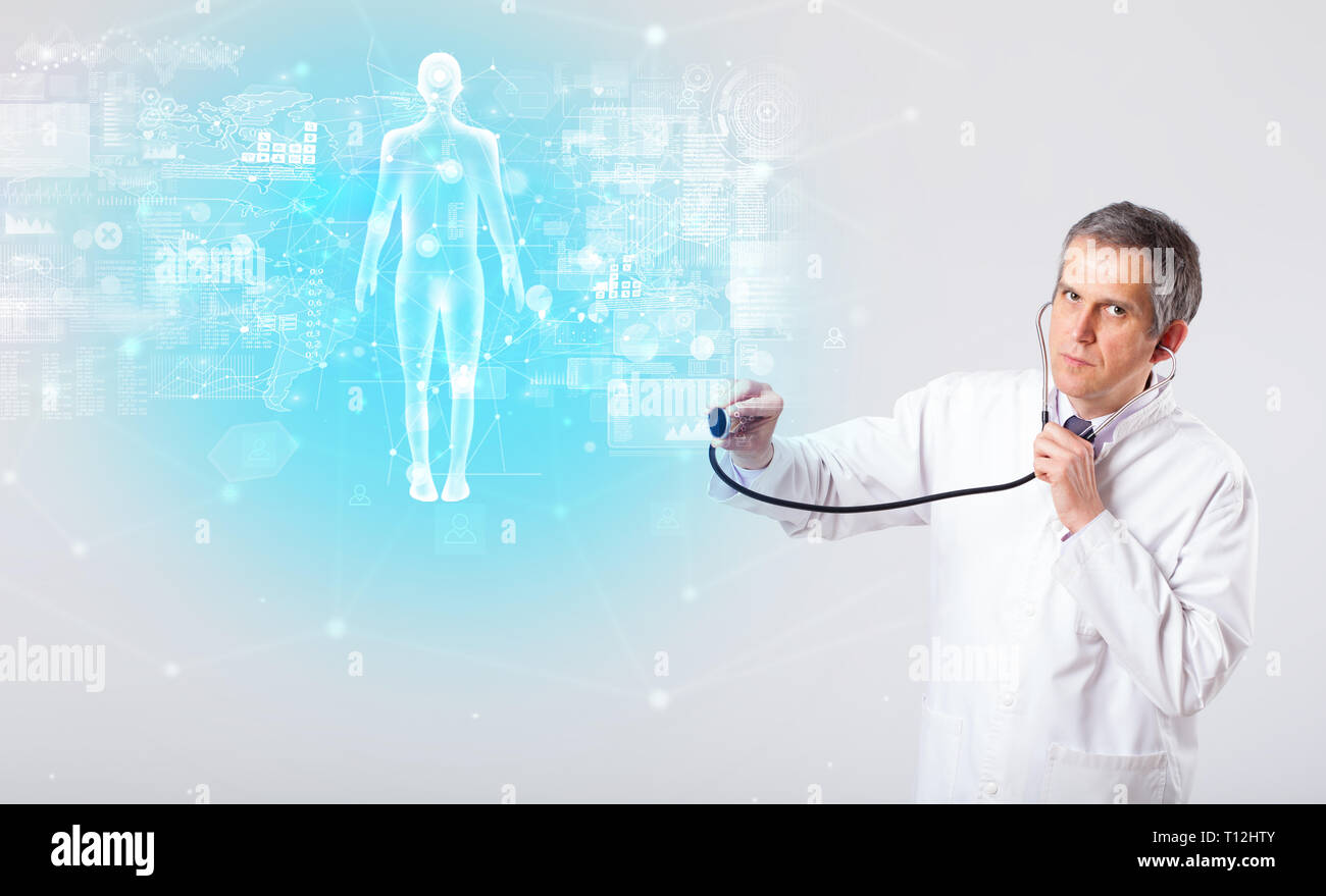 Middle aged scientist with full body map concept Stock Photo - Alamy