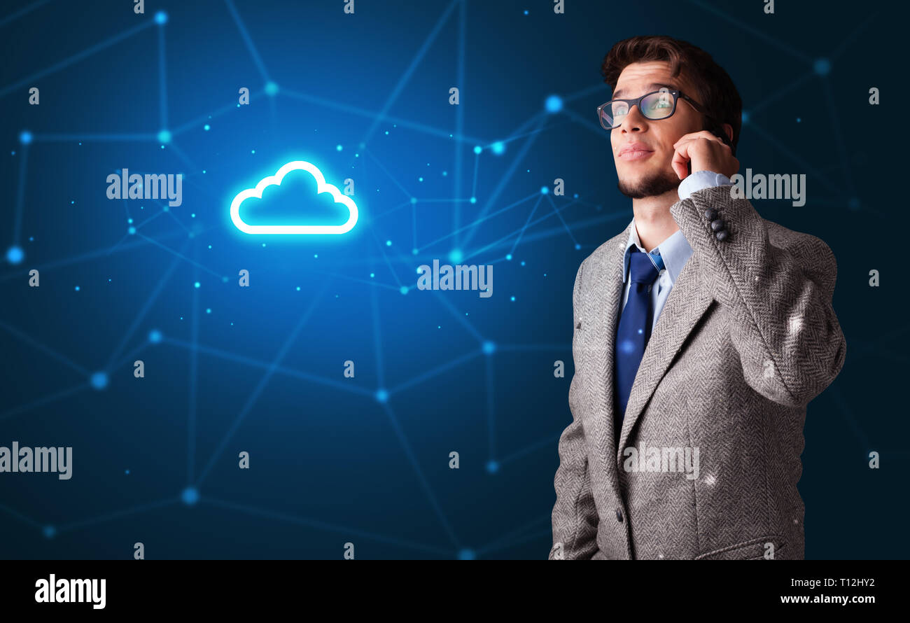 Person talking on the phone with blue cloud technology concept Stock ...