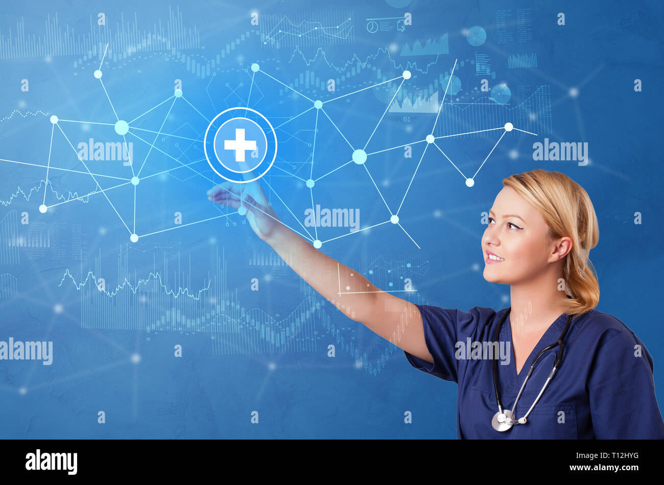 Doctor touching blue screen with virtual hospital concept Stock Photo ...