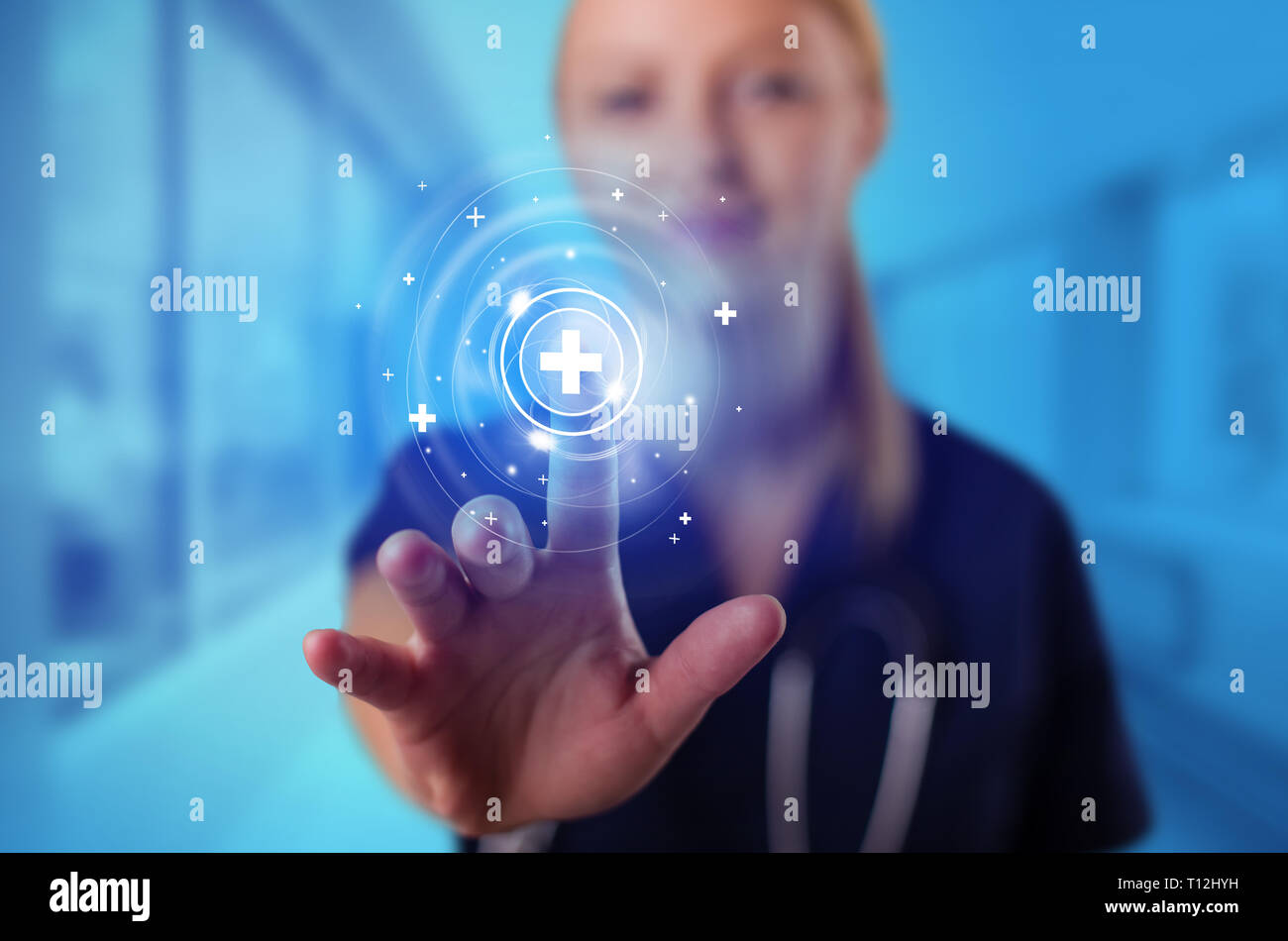 Doctor touching blue screen with call center concept Stock Photo - Alamy