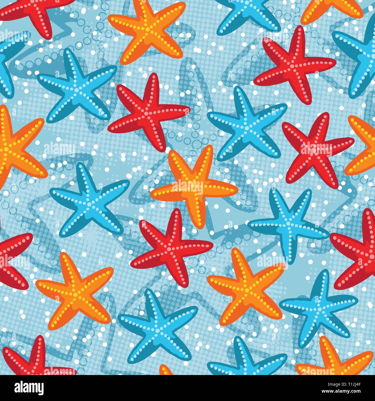 Summer seamless pattern with starfish on blue background, vector ...