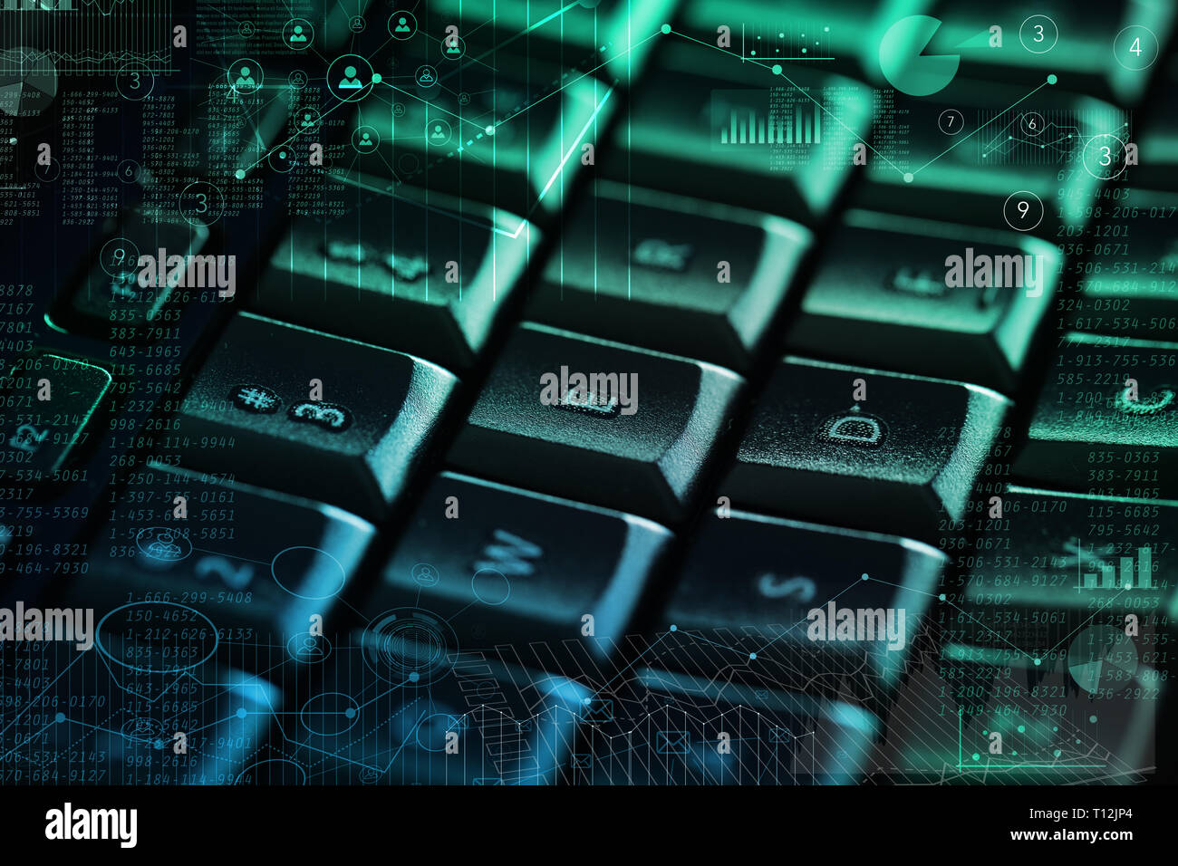 Close-up dark keyboard with contacts and online management concept ...