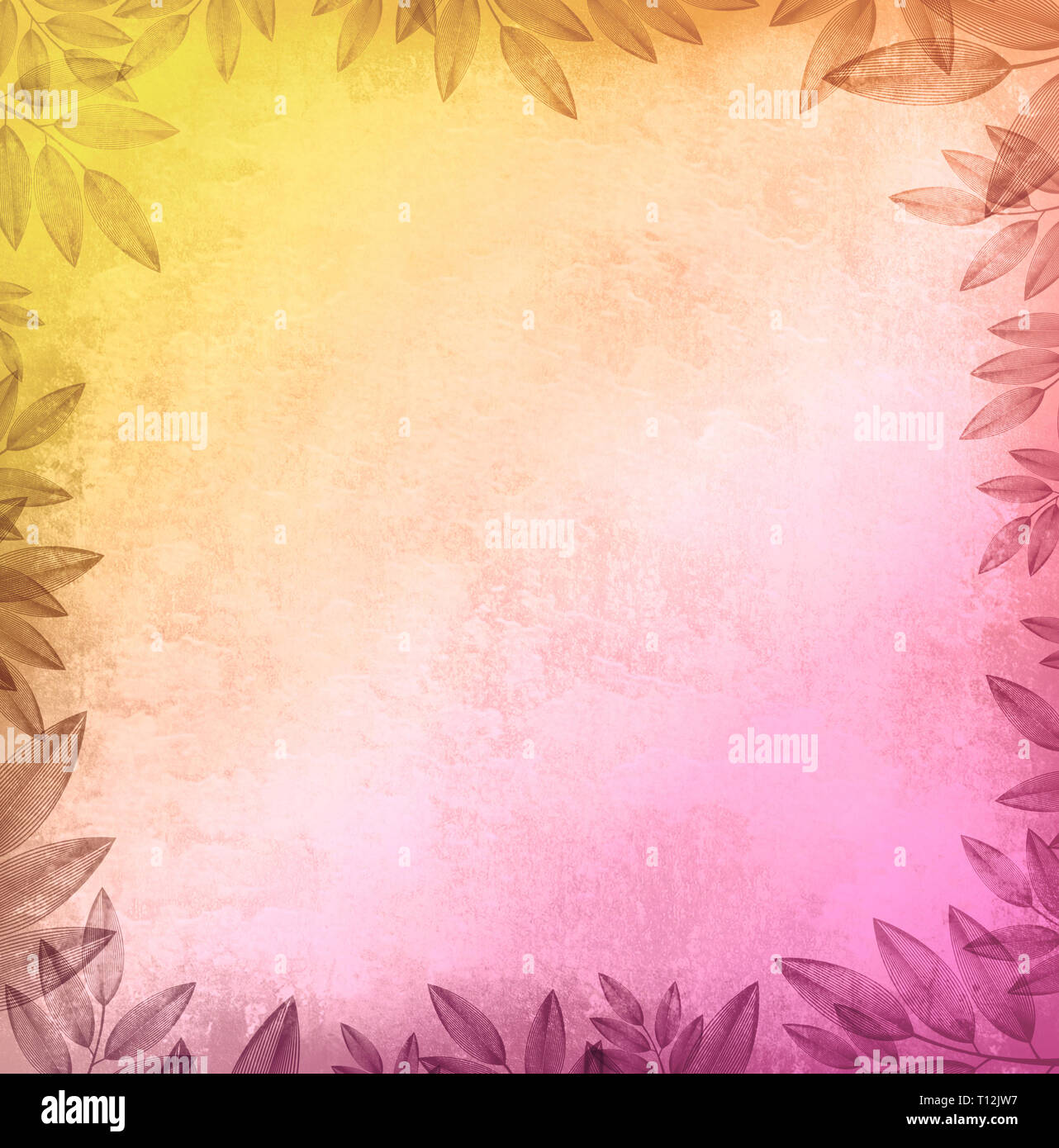 Shabby vintage background with leaves at the edges, yellow-pink. A ...
