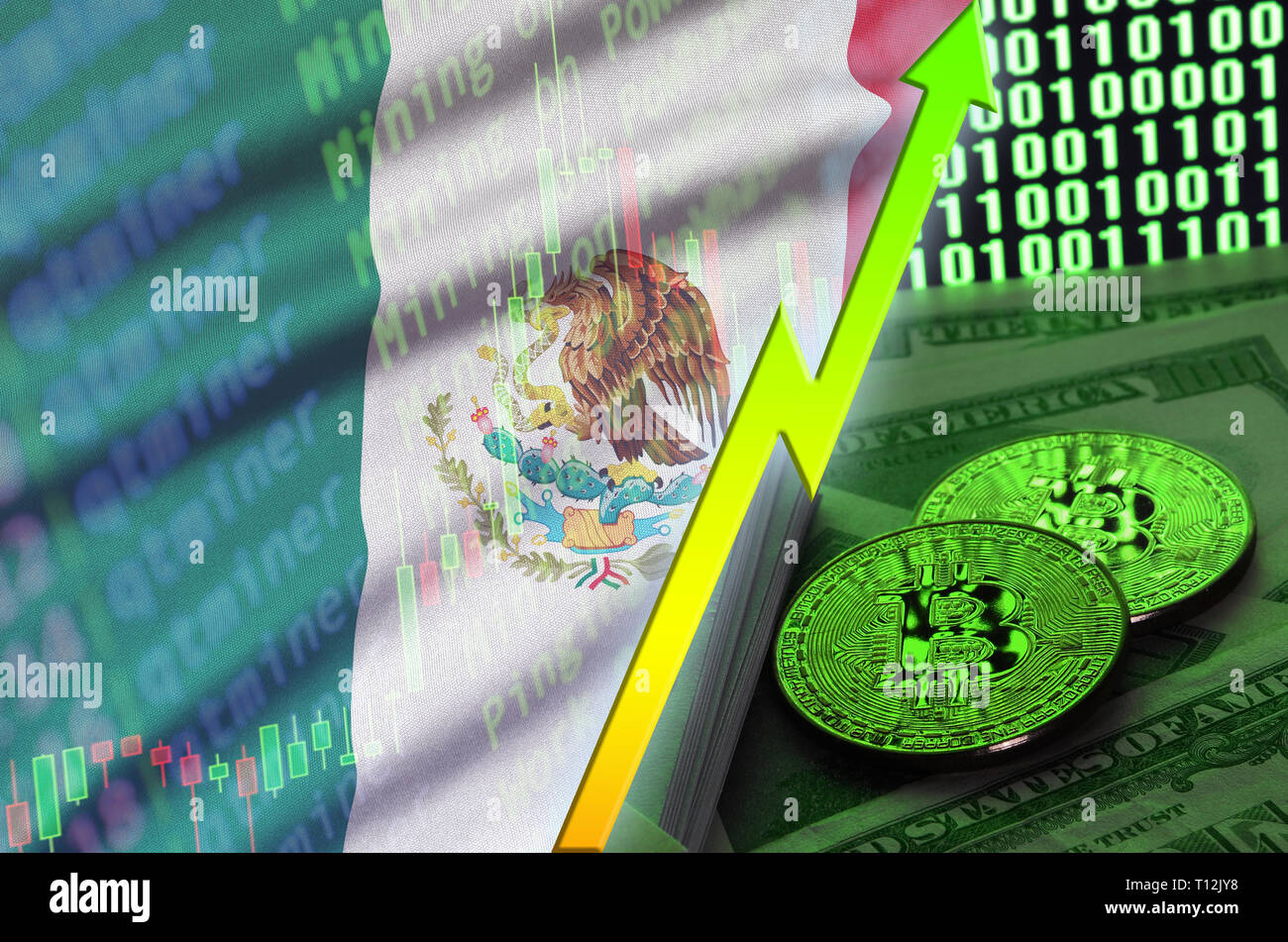 Mexico flag and cryptocurrency growing trend with two bitcoins on ...
