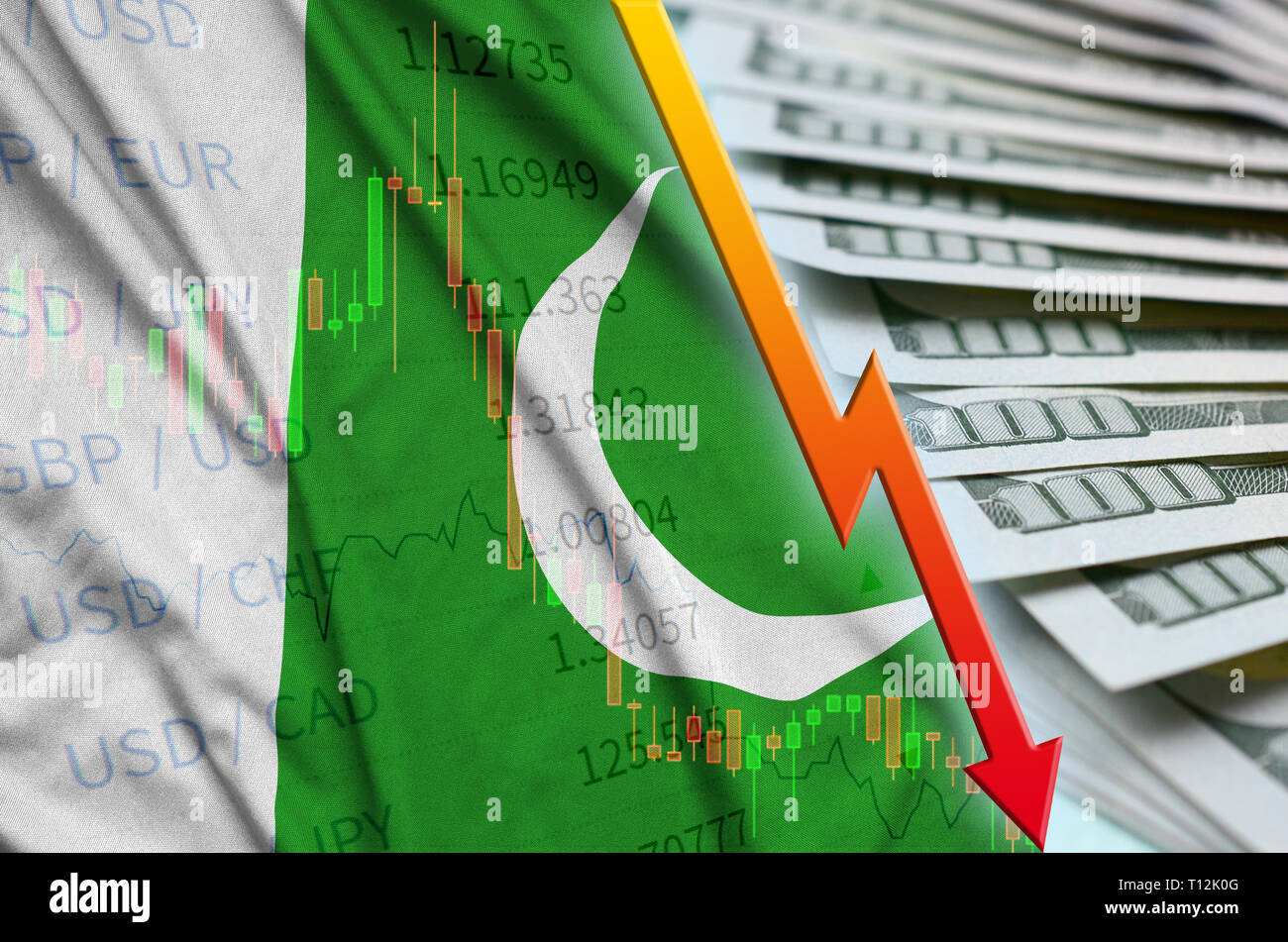 Pakistan flag and chart falling US dollar position with a fan of dollar ...