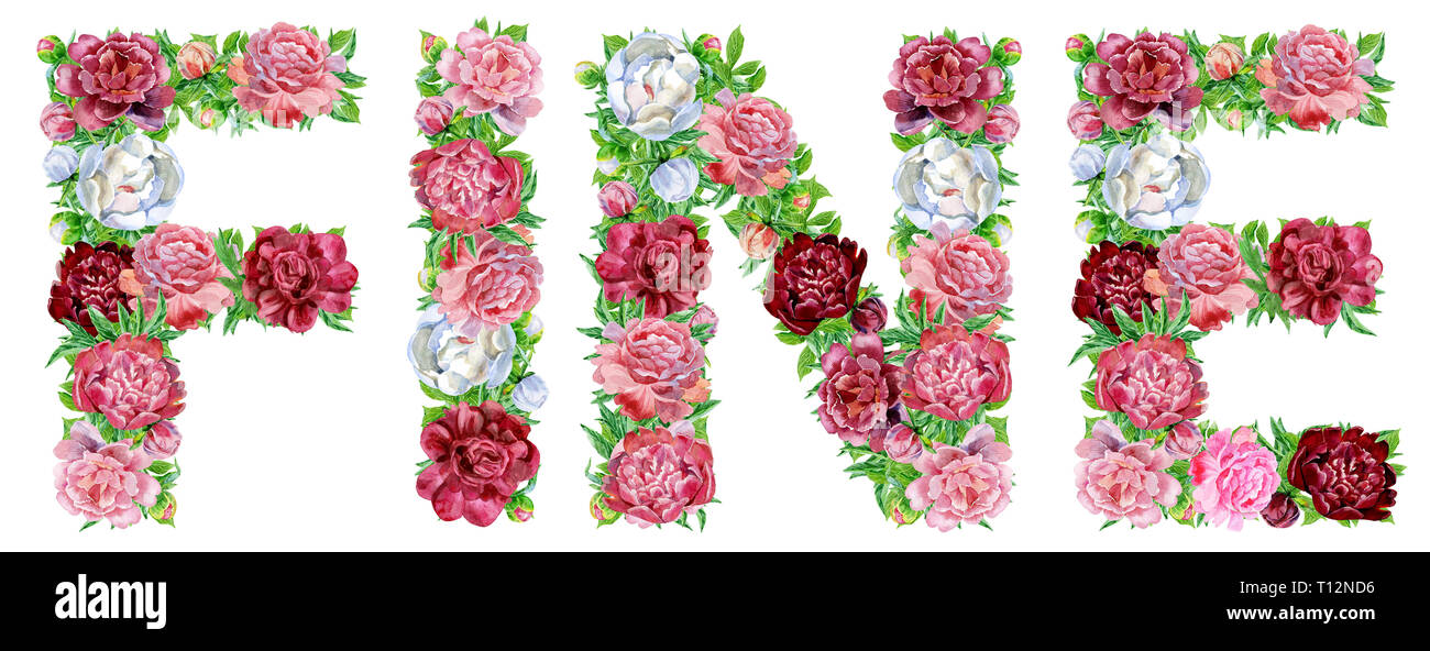 Word FINE of watercolor flowers, isolated hand drawn on a white ...