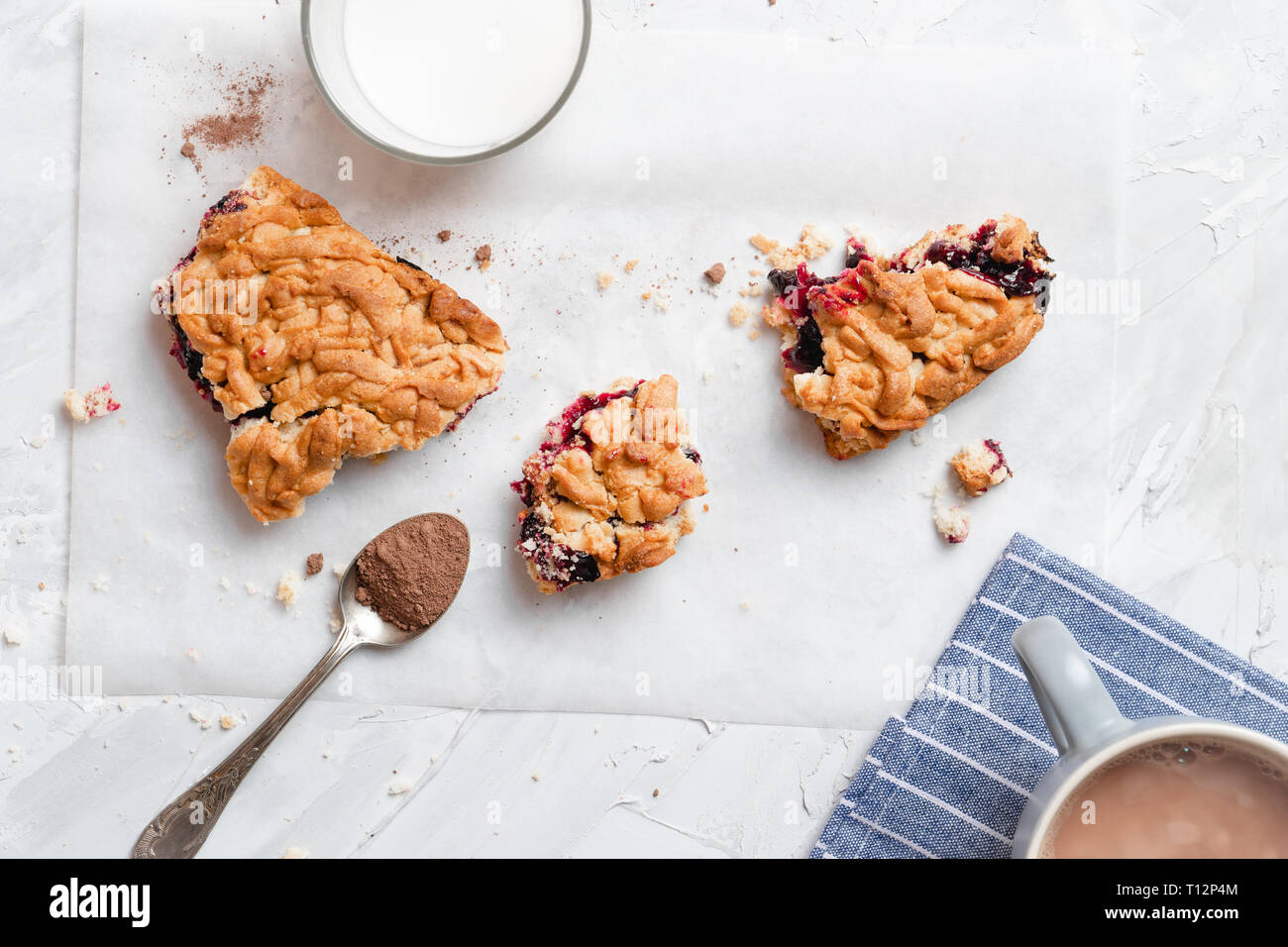 Stack of homemade pieces of cake with fresh jam top view Stock Photo ...