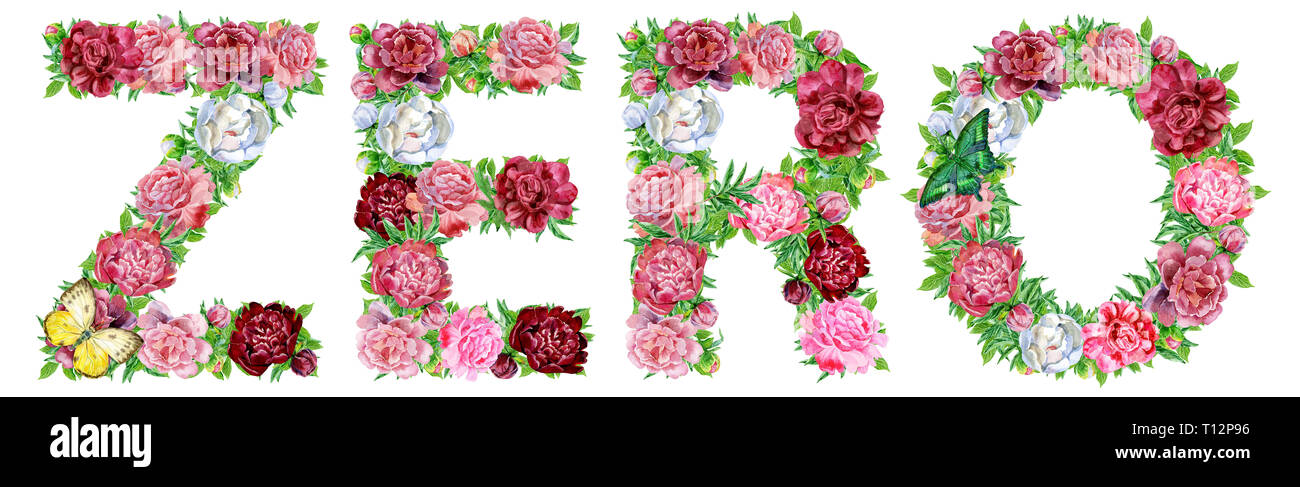 Word ZERO of watercolor flowers, isolated hand drawn on a white ...