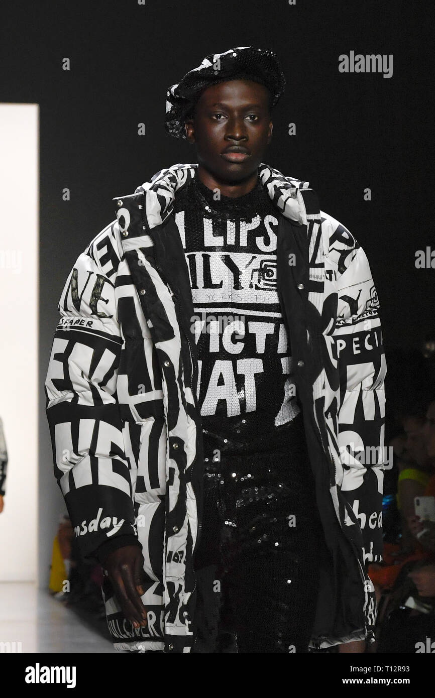 NEW YORK, NY - FEBRUARY 08: Baba Diop walks the runway for Jeremy Scott ...