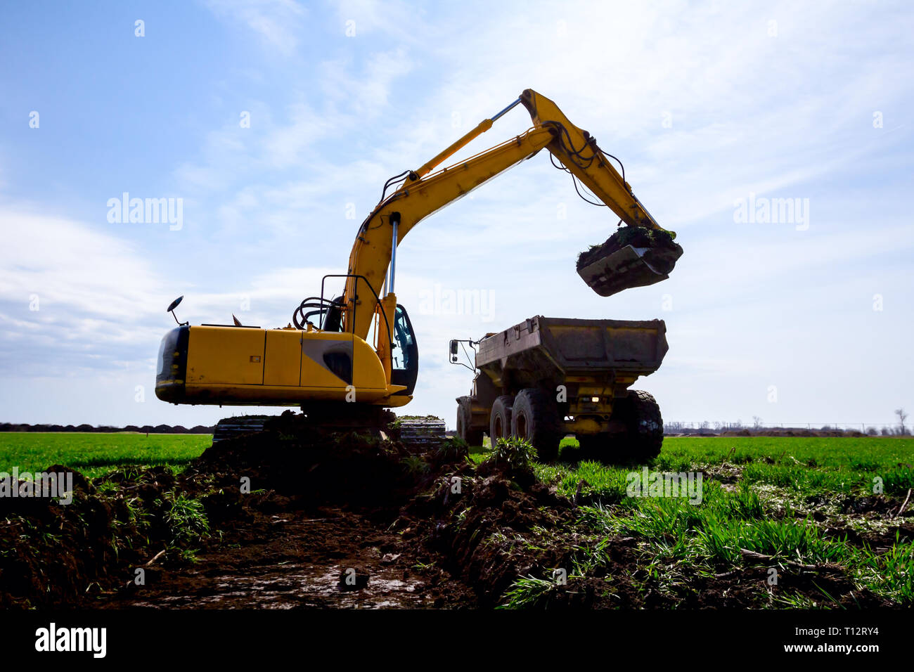 Big excavator is filling a dumper truck with soil at construction site ...