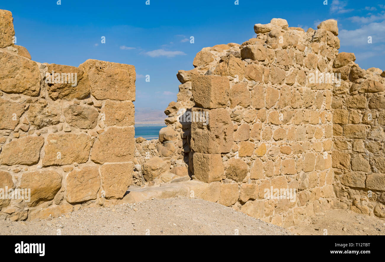 detail of the entrance of the ancient roman fortress that sits above the dead sea resort town of ...