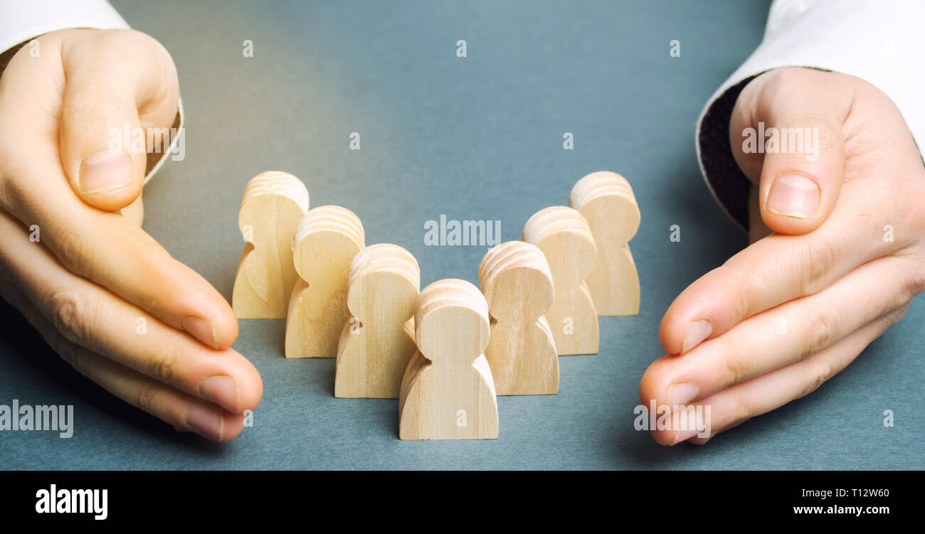 Boss defending his team with a gesture of protection. Life insurance ...