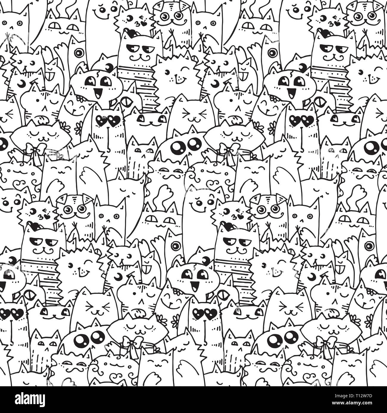 Cute doodle cats seamless pattern. Great for coloring book, wrapping ...