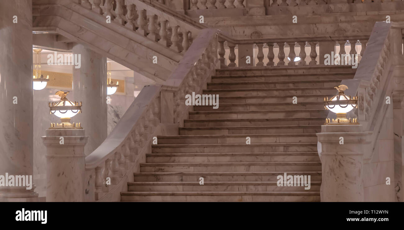 Stairs and pillars at Utah State Capital Building. Interior of the ...