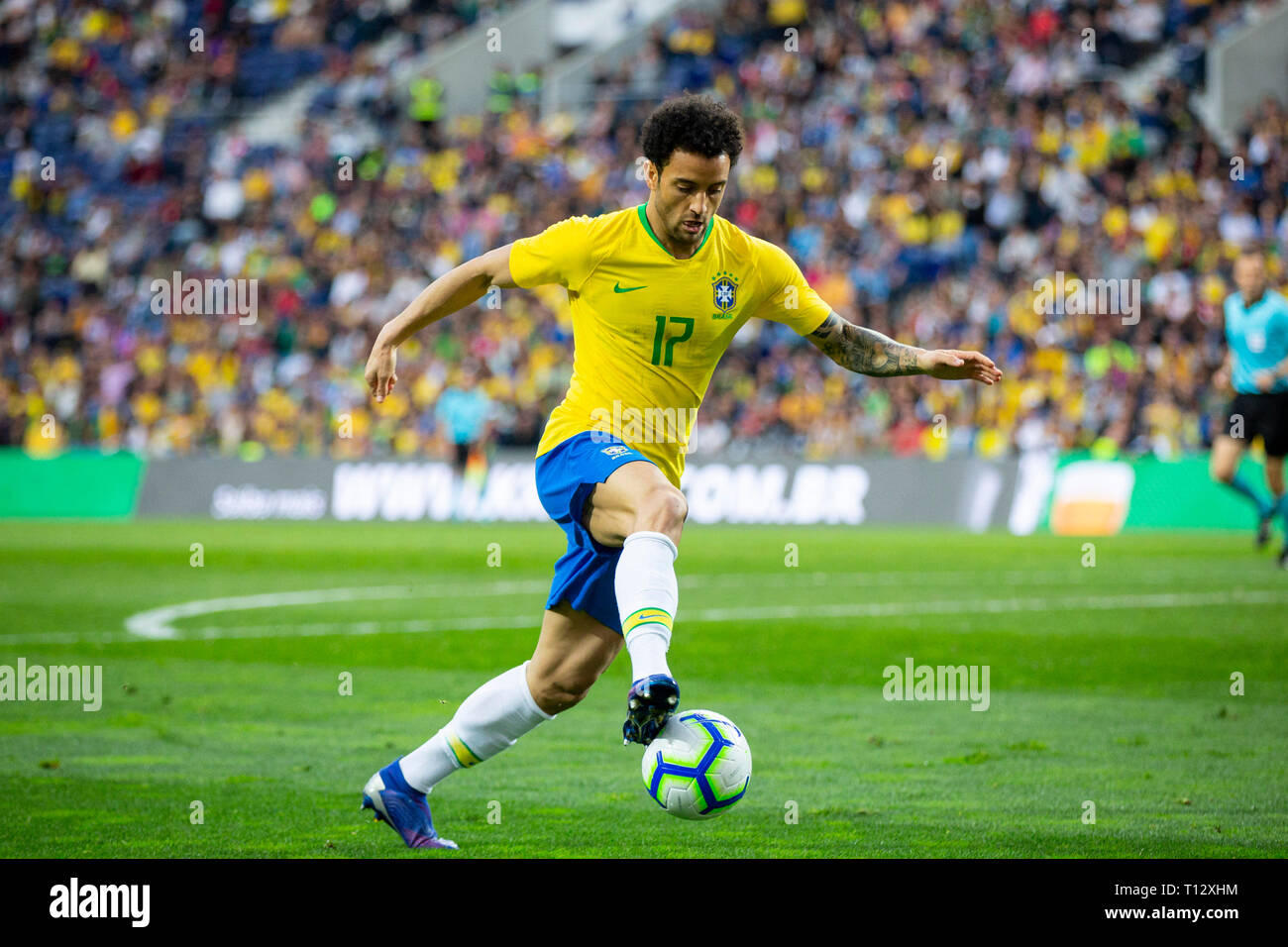 Brazil player Felipe A. Gomes seen in action during the friendly ...