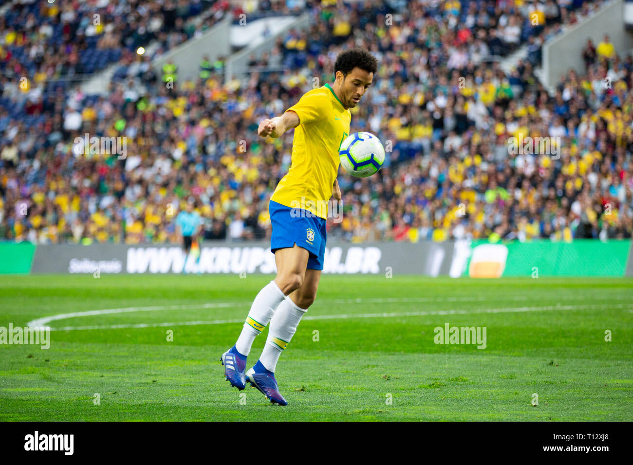 Brazil player Felipe A. Gomes seen in action during the friendly ...