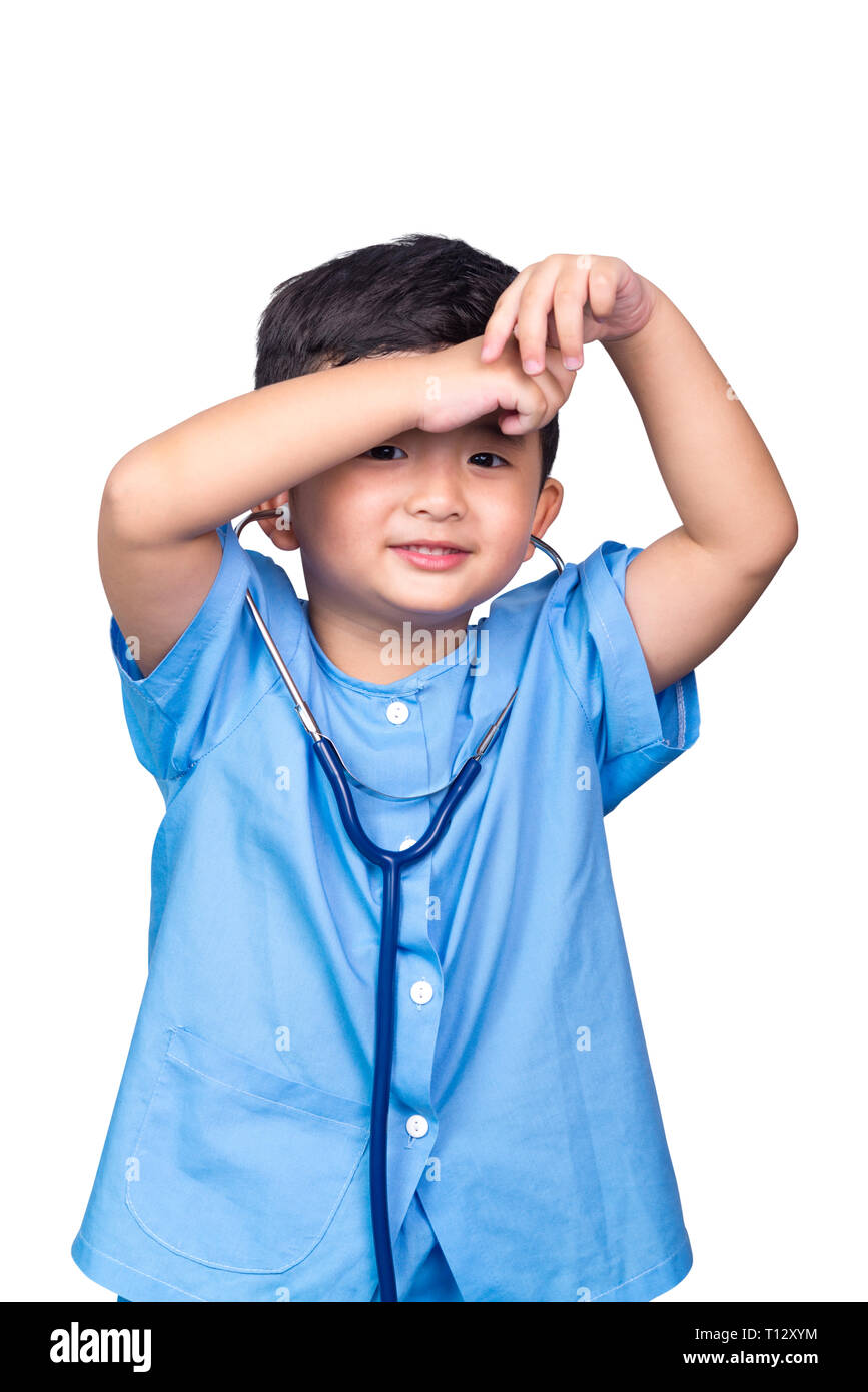 Smiling Asian Thai kid in blue medical uniform holding stethoscope ...