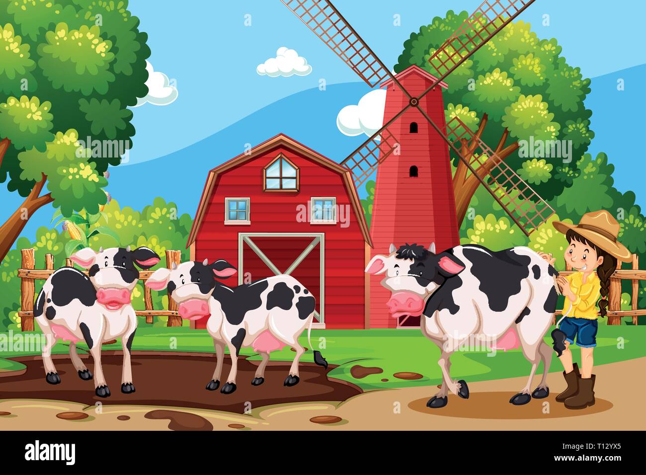 Cow and farm scene illustration Stock Vector Image & Art - Alamy