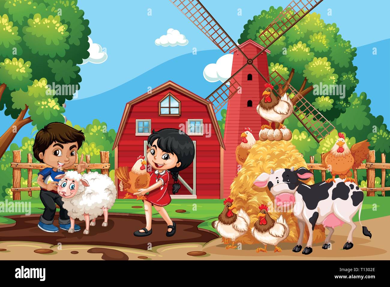 Children in farm scene with animals illustration Stock Vector Image ...