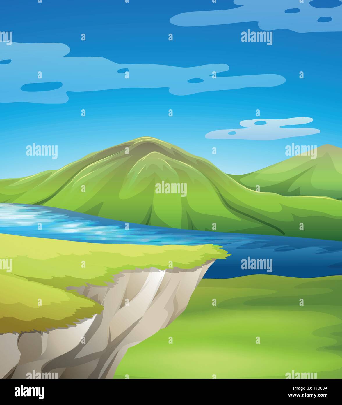 Beautiful cliff scene with lake illustration Stock Vector Image & Art ...