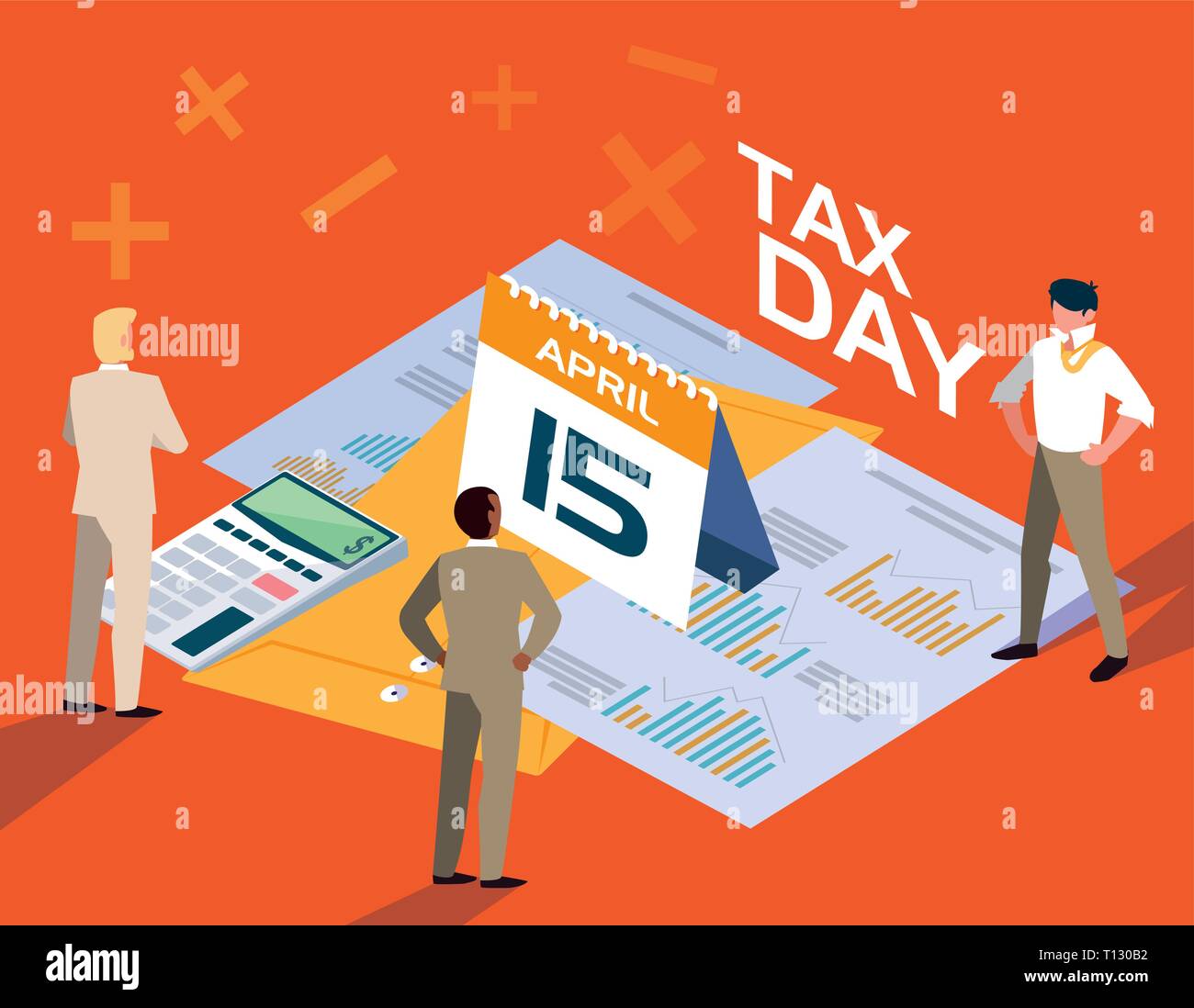 businessmen in tax day with calendar and icons vector illustration ...