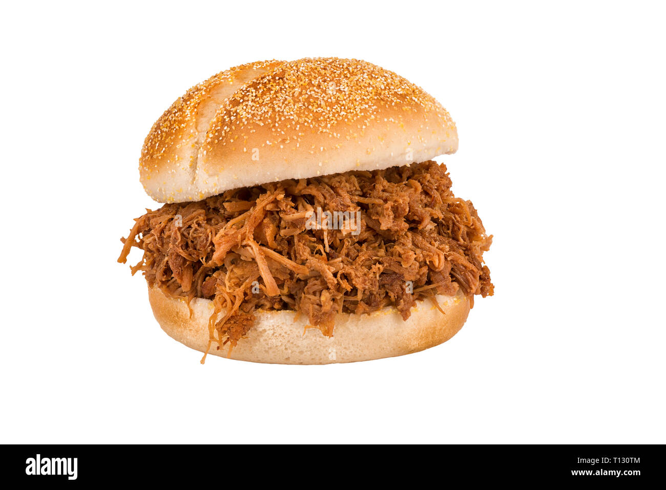 Close up on pulled pork sandwich isolated on white background Stock ...