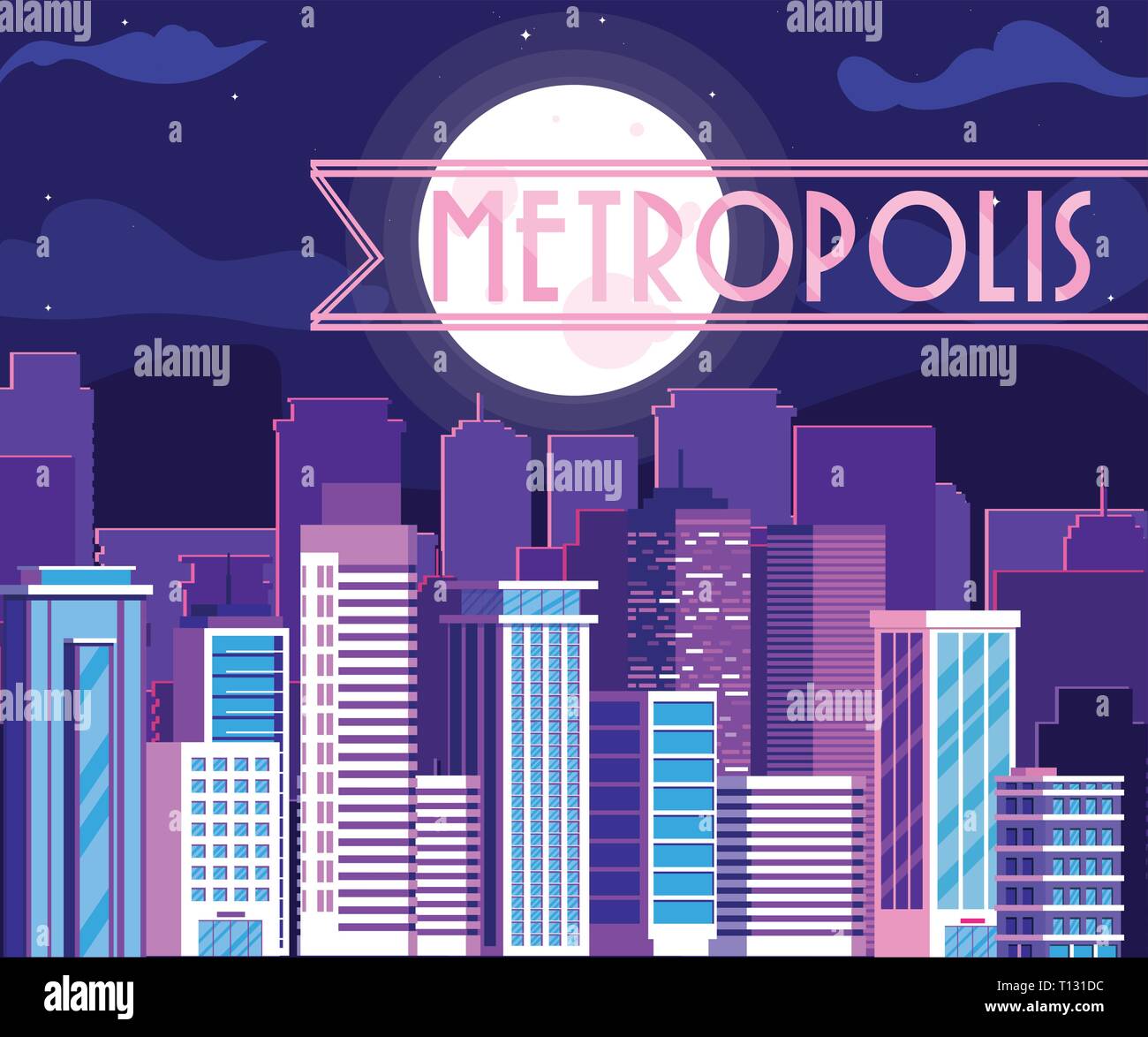 metropolis cityscape buildings with purple sky vector illustration ...