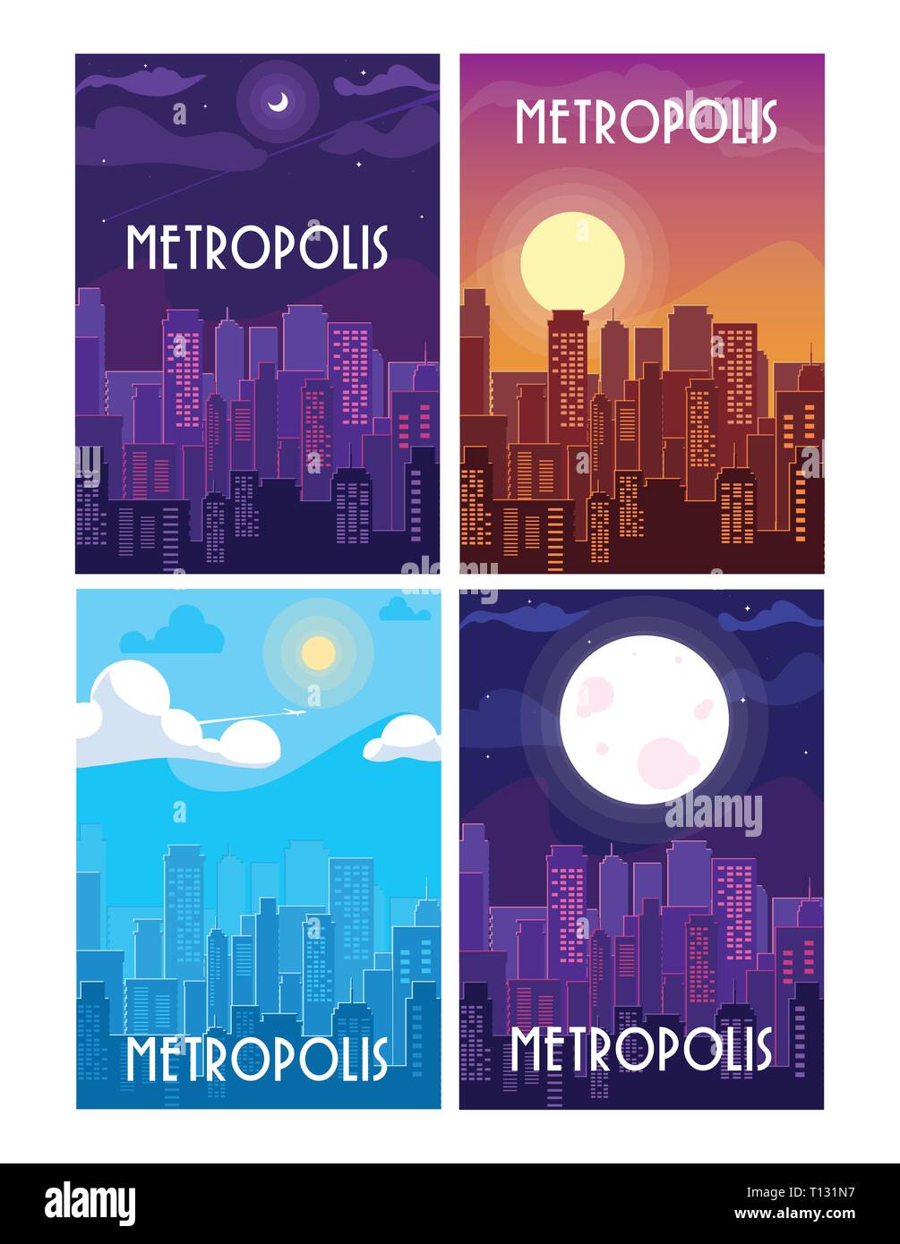set of metropolis cityscape buildings scenes vector illustration design ...